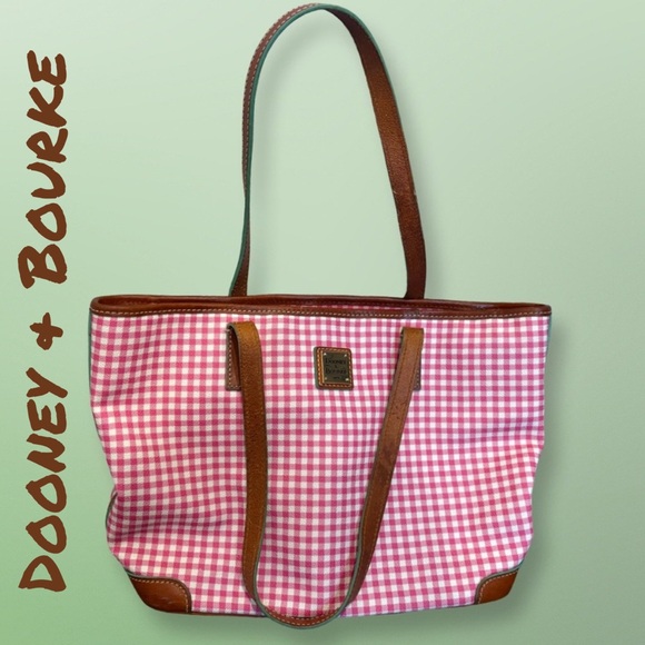 Bags | Dooney Bourke Pink Gingham Tote With Leather Accents | Poshmark